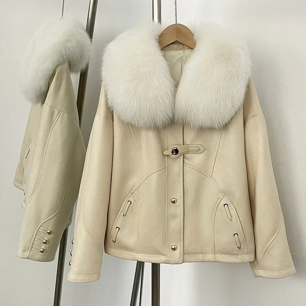 Beige Fox Fur Collar Down Jacket | Golden Atelier