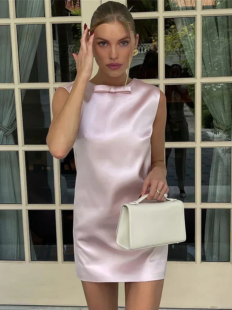Deep Back Bow Satin Mini Dress for Cocktail Events – Golden Atelier