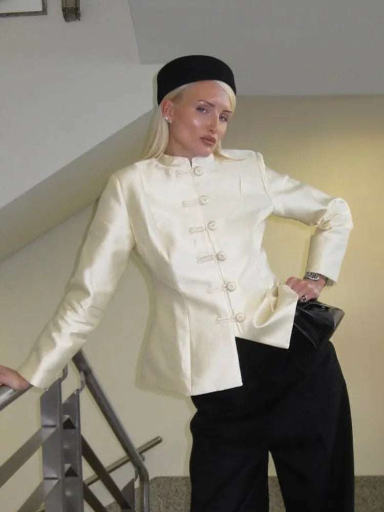 Satin Frog Closure Tailored Jacket for Smart Casual – Golden Atelier